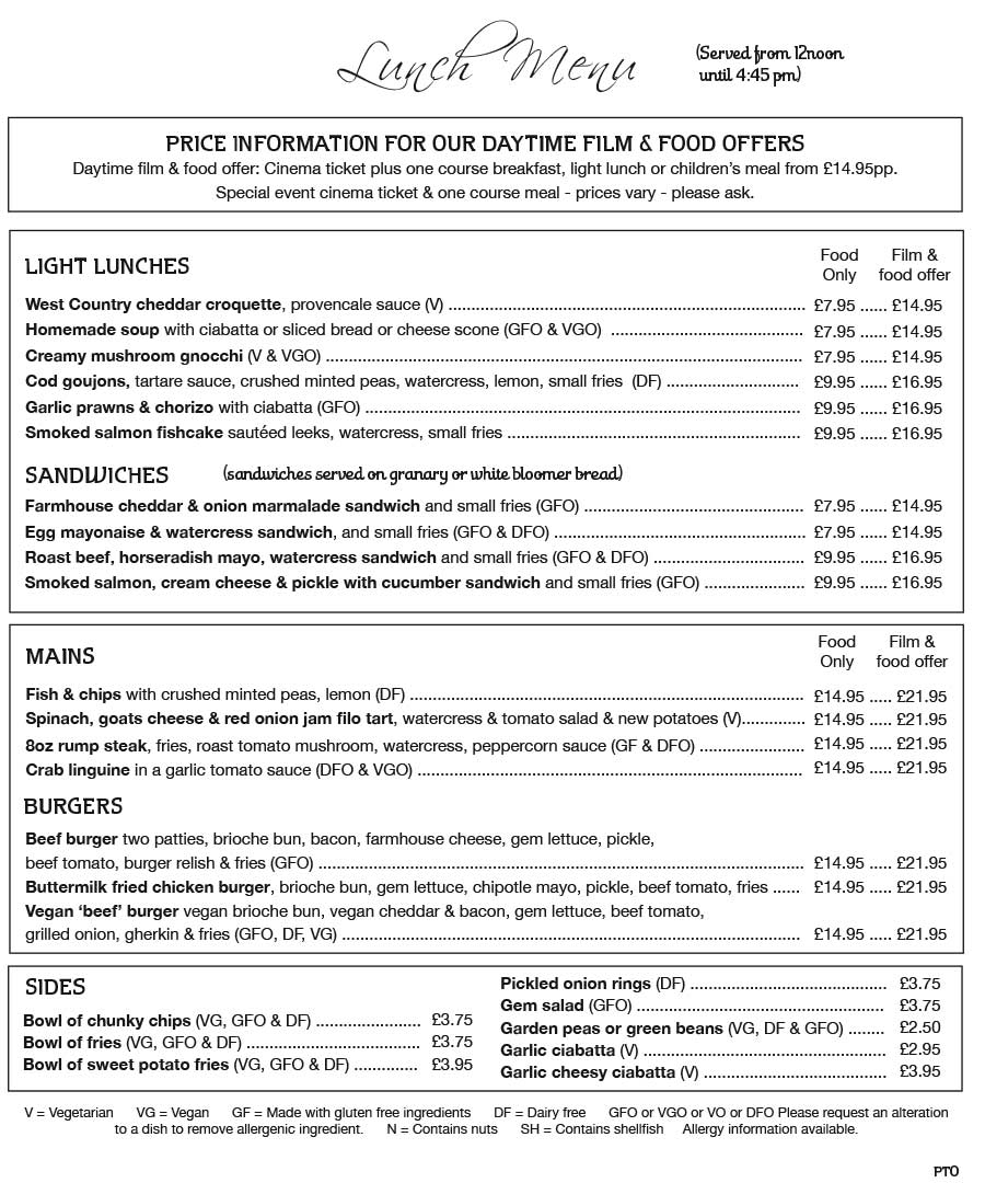 Lunch Menu | The Red Carpet Cinema and Cafe Bar