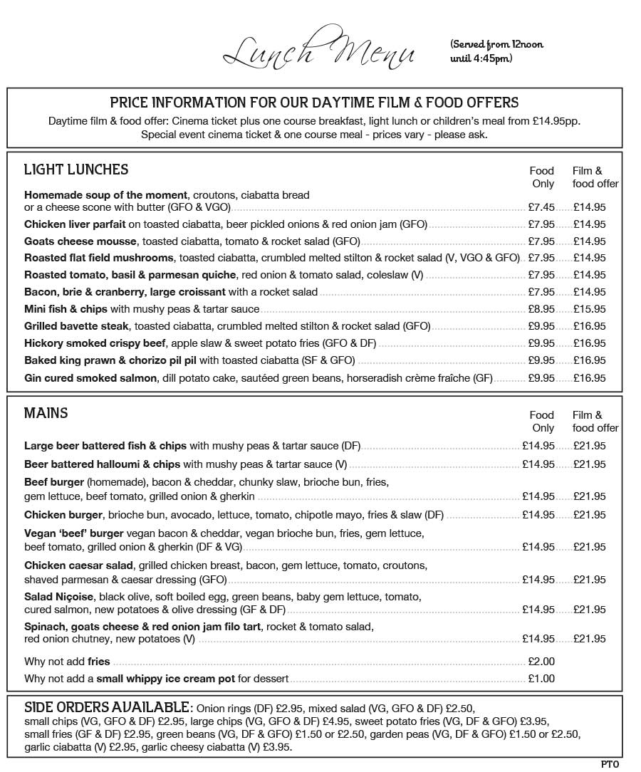 Lunch Menu | The Red Carpet Cinema and Cafe Bar