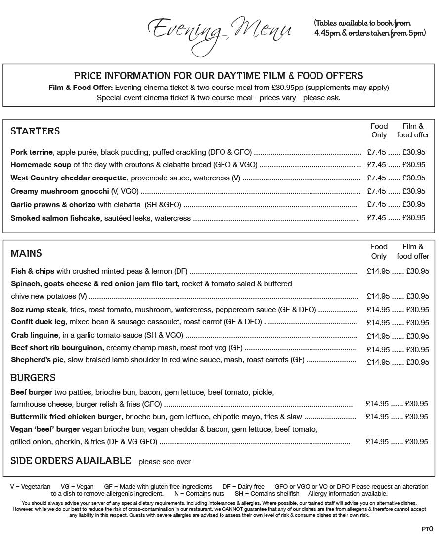 Evening Menu | The Red Carpet Cinema and Cafe Bar